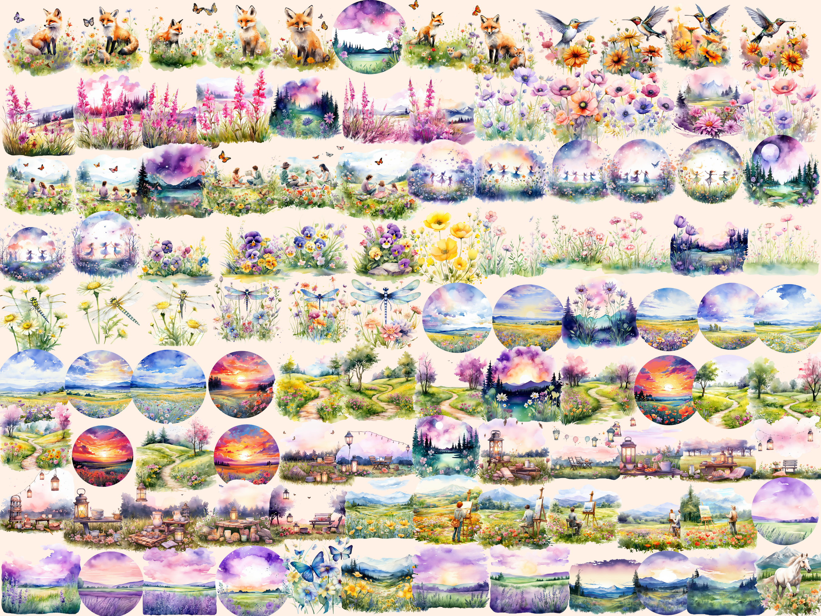 Spring Meadows Watercolor Clipart: 630 PNG Graphics (digital Download ...