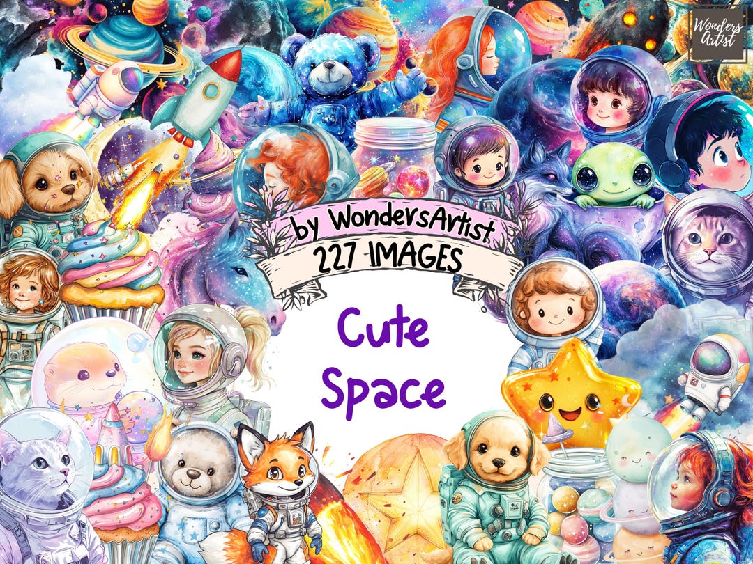 Cute Space Watercolor Clipart Bundle - 227 PNG Cosmic Images, Adorable ...