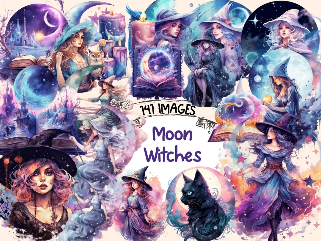 Moon Witches Watercolor Clipart Bundle: 141 PNG Fairytale Images ...