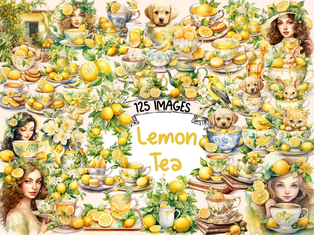 Lemon Tea Watercolor Clipart Bundle - 125 PNG Zesty Fresh Teacup Images ...