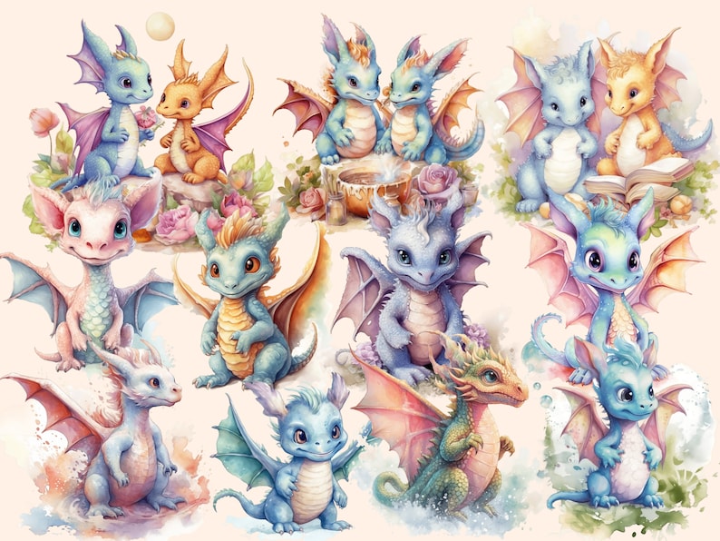 Baby Dragons Watercolor Clipart Bundle 89 Magical Fairytale - Etsy