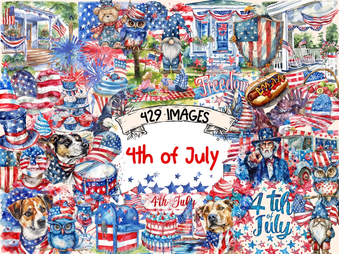 4th of July Watercolor Clipart Bundle: 429 Patriotic PNG Images ...