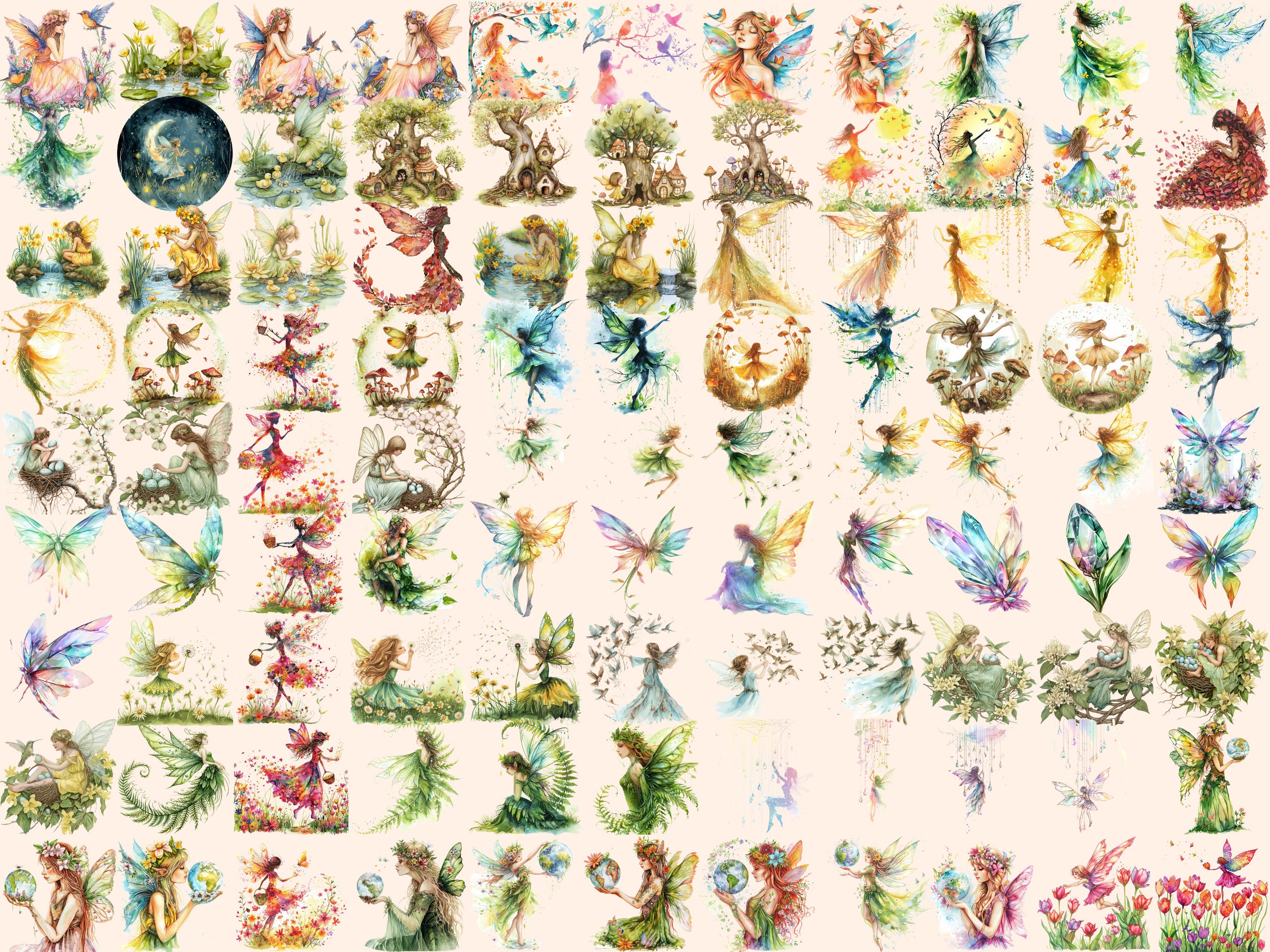 Watercolor Spring Fairies Clipart Bundle: 656 PNG Graphics (digital ...