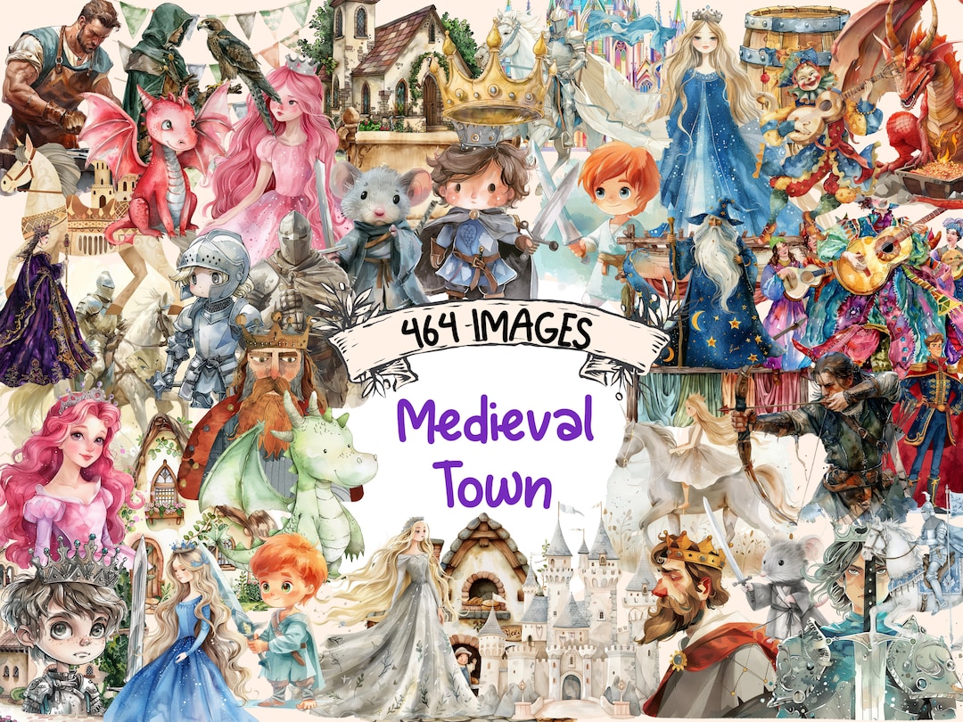 Medieval Town Watercolor Clipart Bundle: 464 PNG Images (digital ...