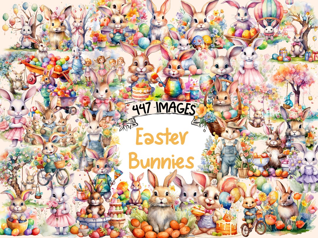 Easter Bunnies Watercolor Clipart Bundle - 447 PNG Bunny Images ...