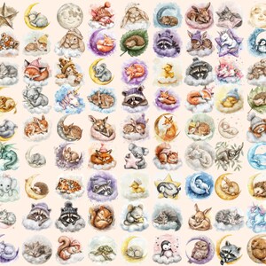 Sleepy Animals Watercolor Clipart Bundle - 456 PNG Cute Snoozing Pets ...
