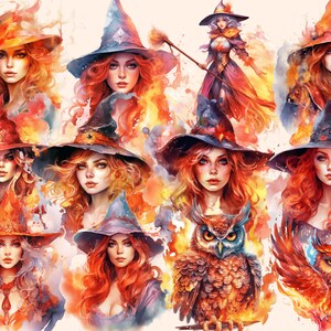 Fire Witches Watercolor Clipart Bundle - 88 PNG Fairytale Images ...