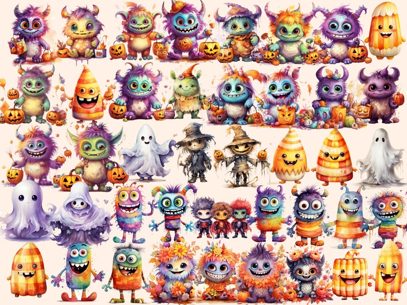 Watercolor Halloween Monster Clipart Bundle: 343 PNG Spooky Images ...