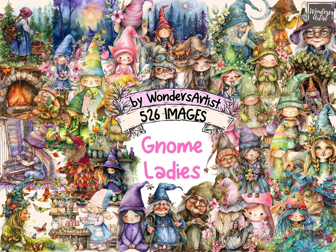 Watercolor Gnome Ladies Clipart Bundle: 526 PNG Garden Gnomes (digital ...