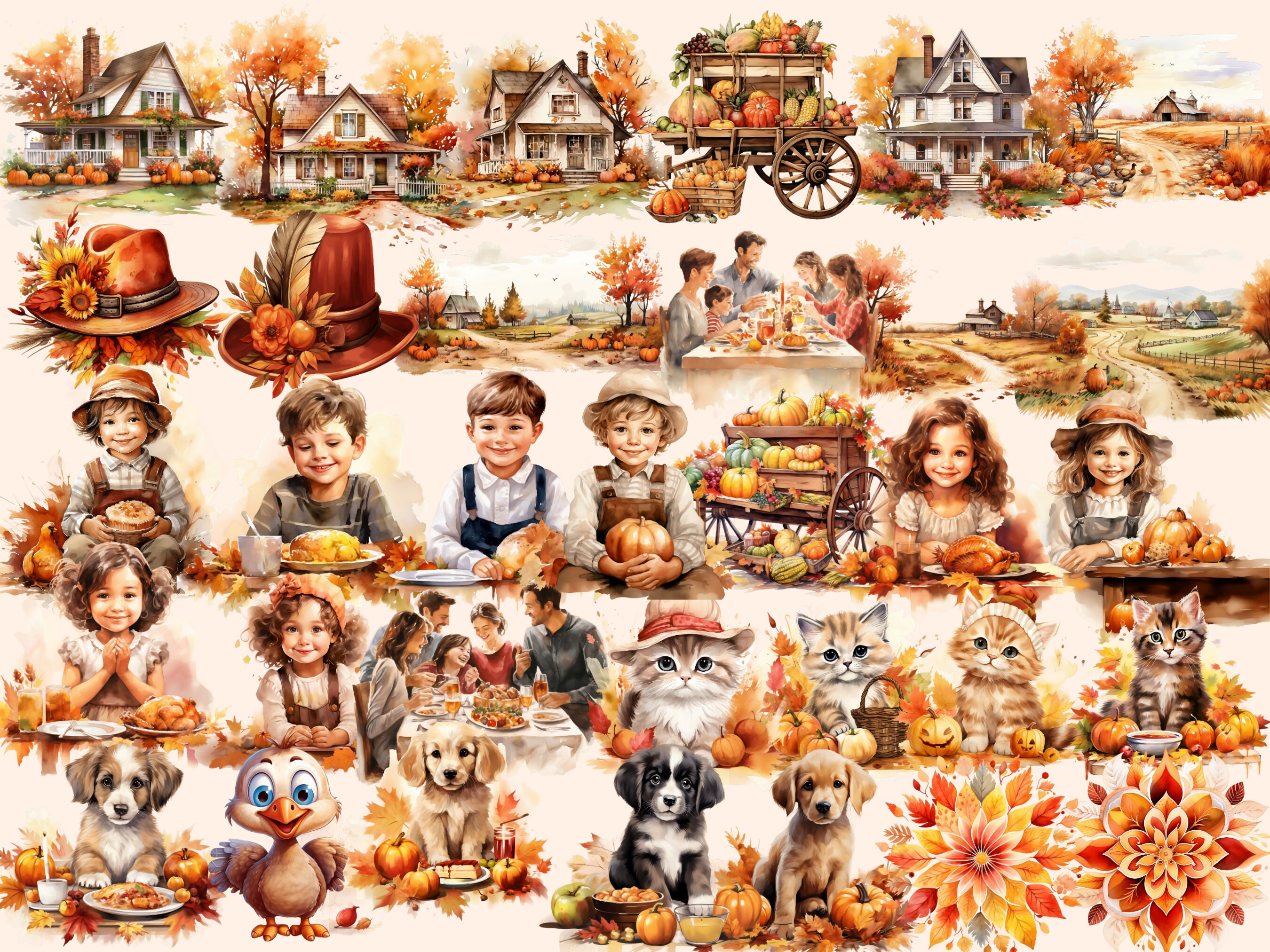 Thanksgiving Watercolor Clipart Bundle: 213 Festive PNG Images (digital ...