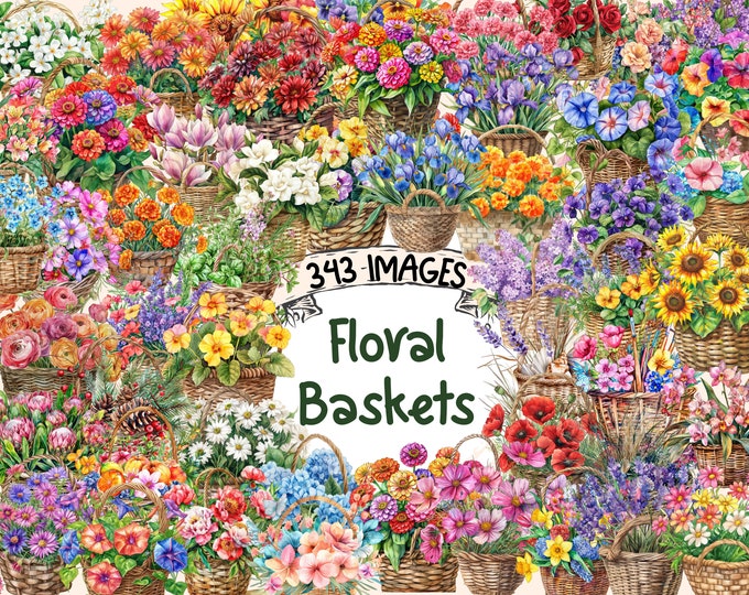 Floral Baskets Clipart Bundle: 343 PNG Flower Arrangement Graphics ...
