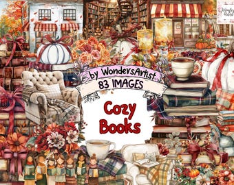 Cozy Books Watercolor Clipart Bundle: Reading Nook Graphics (digital ...