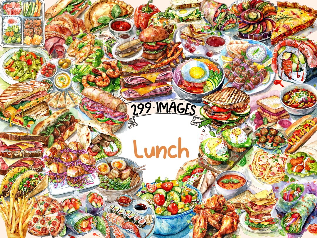 Lunch Foods Watercolor Clipart Bundle - 299 PNG Tasty Midday Meal ...