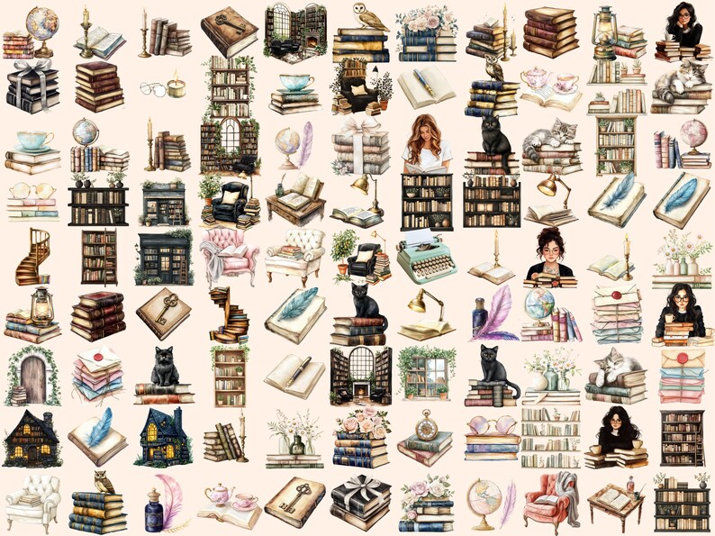 Vintage Library Watercolor Clipart Bundle: 222 PNG Images (commercial ...