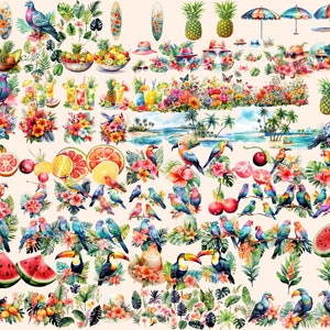Tropical Summer Watercolor Clipart Bundle: 658 PNG Images (digital ...