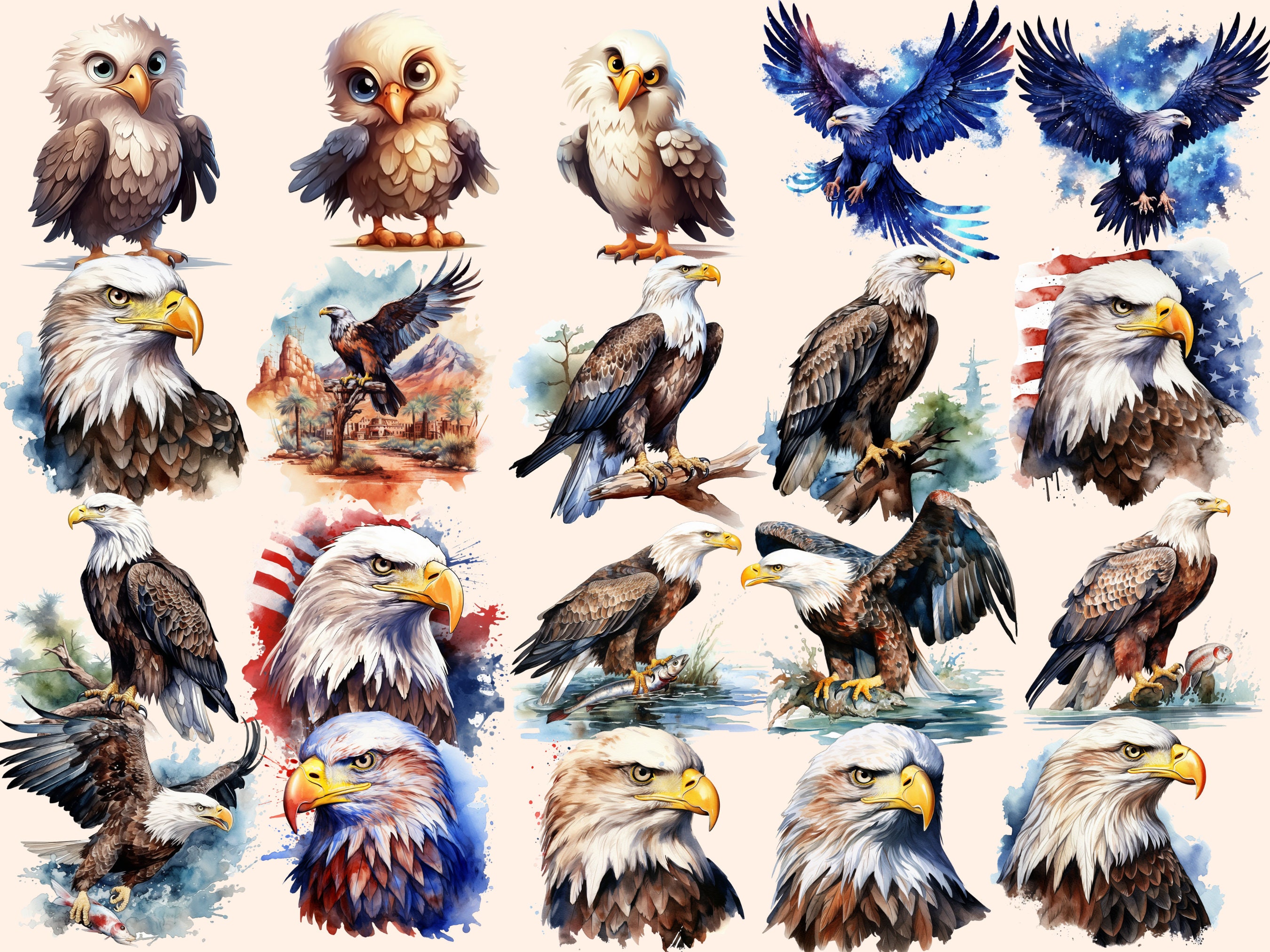 Eagle Watercolor Clipart Bundle: 86 PNG Avian Images (digital Download ...