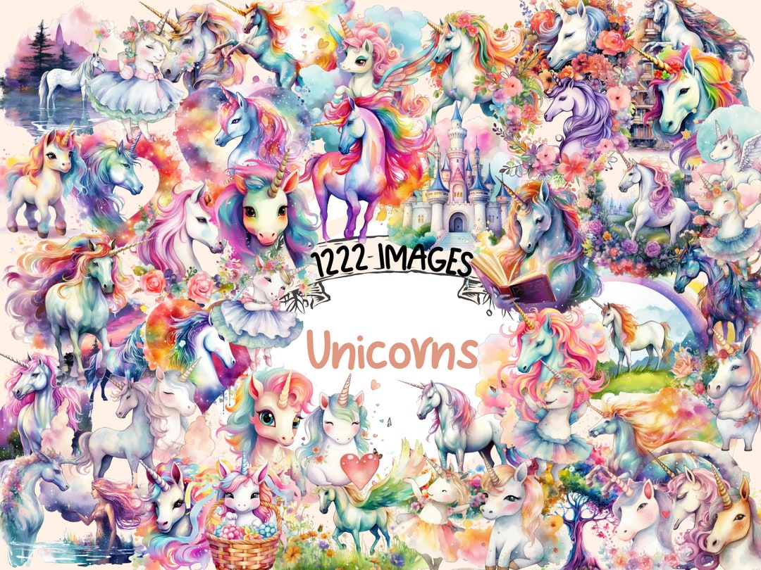 Watercolor Unicorn Clipart Bundle: 1222 PNG Images (digital Download ...