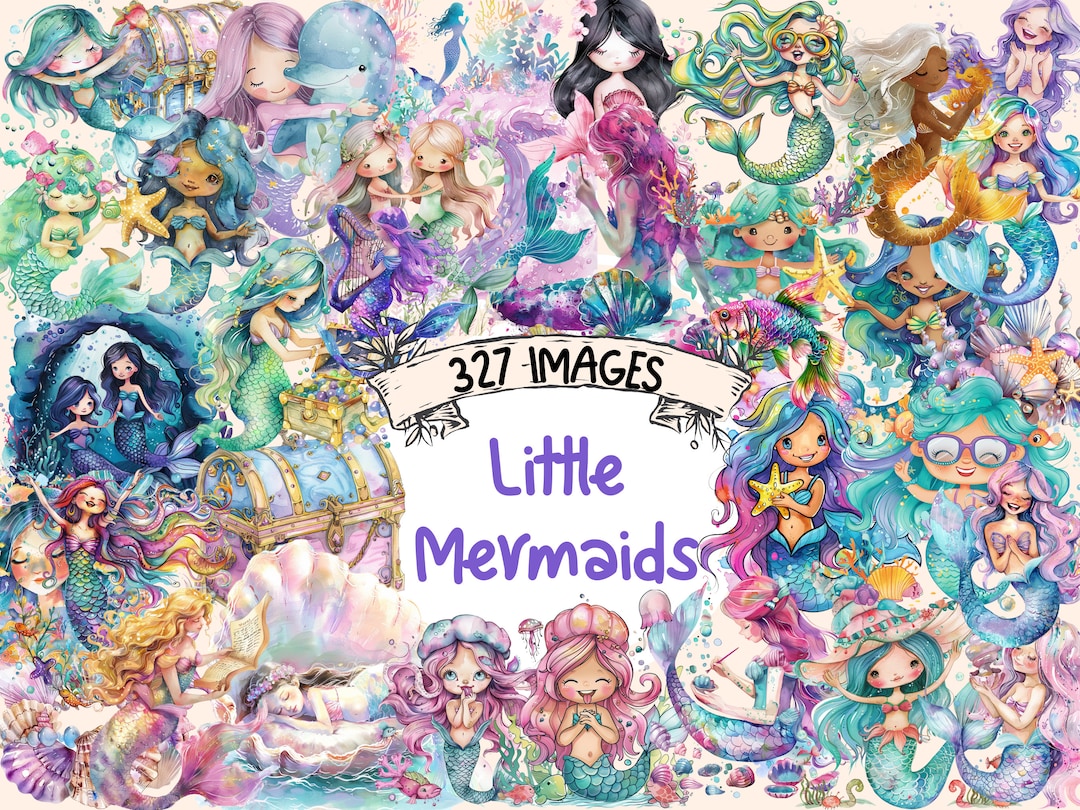 Little Mermaids Watercolor Clipart Bundle - 327 PNG Adorable Mermaid ...