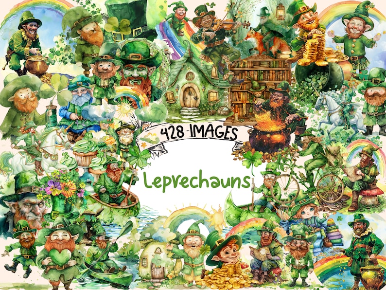 Watercolor Leprechaun Clipart Bundle: 428 PNG Irish Graphics (digital ...