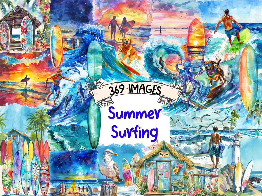 Summer Surfing Watercolor Clipart Bundle - 369 PNG Surfboard Wave Rider ...