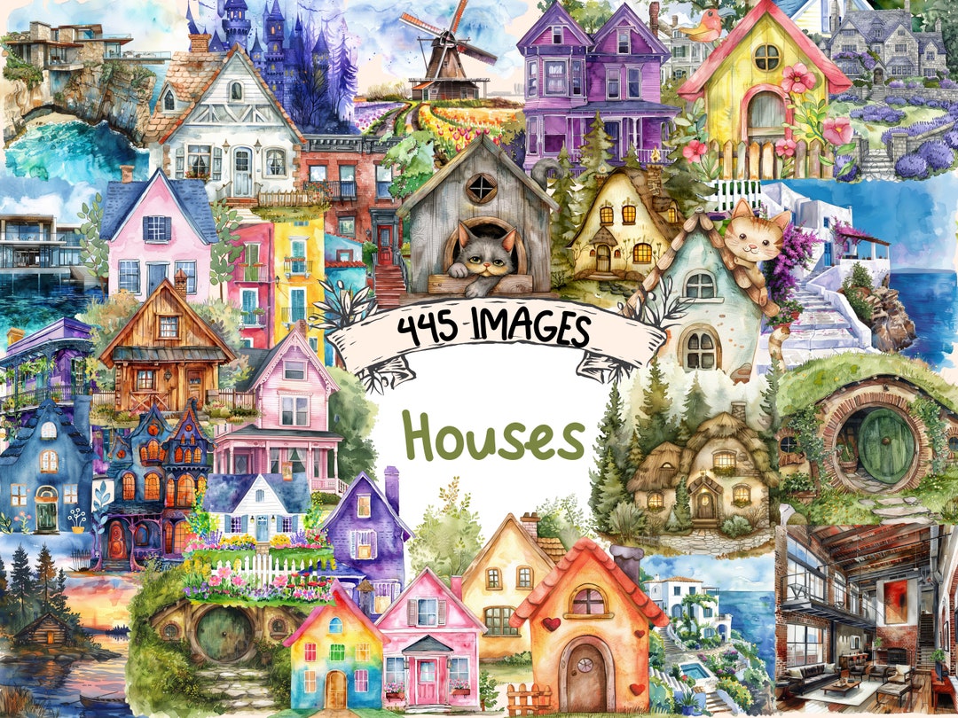 Houses Watercolor Clipart Bundle - 445 PNG Residential Home Images ...