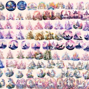 Unicorn Castles Watercolor Clipart Bundle - 557 PNG Unicorns Castle ...