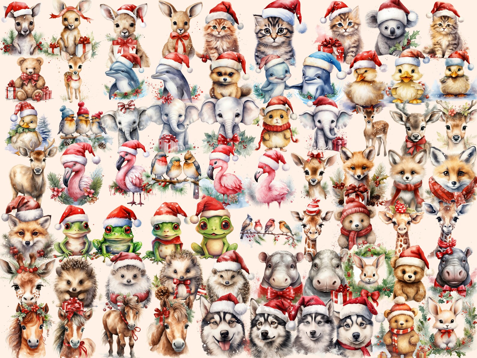 Christmas Animals Watercolor Clipart Bundle: 362 Festive PNG Images ...