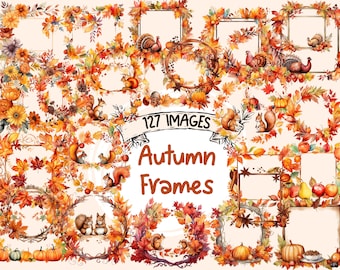 Autumn Frames Watercolor Clipart Bundle PNG Fall Flowers Frame Images ...