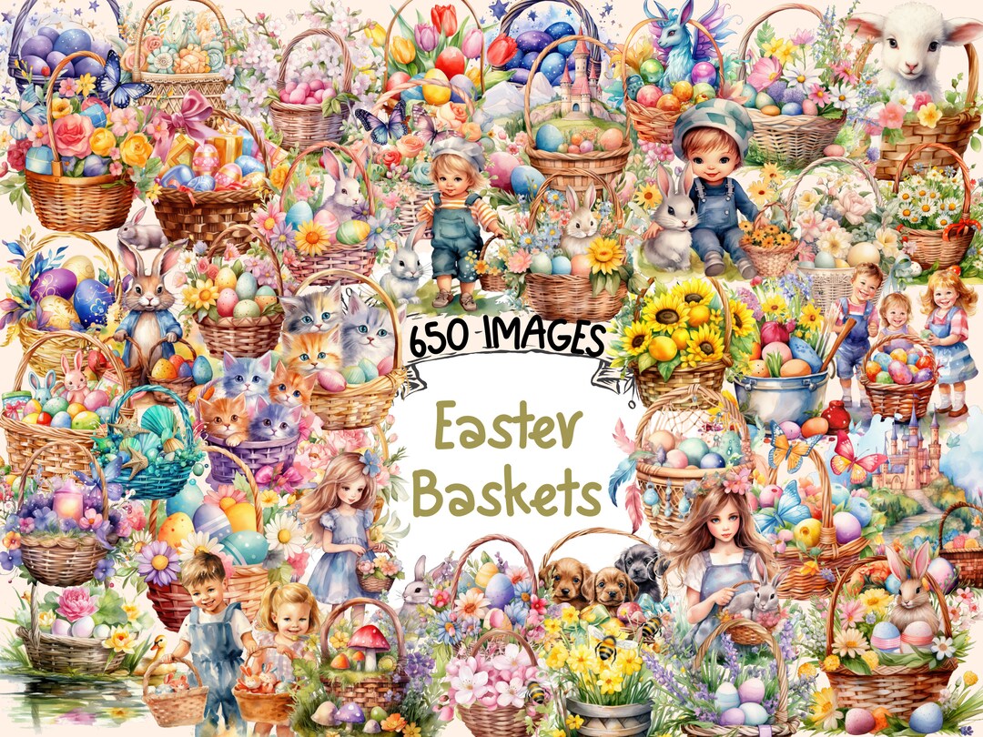 Easter Baskets Watercolor Clipart Bundle - 650 PNG Floral Egg Basket ...