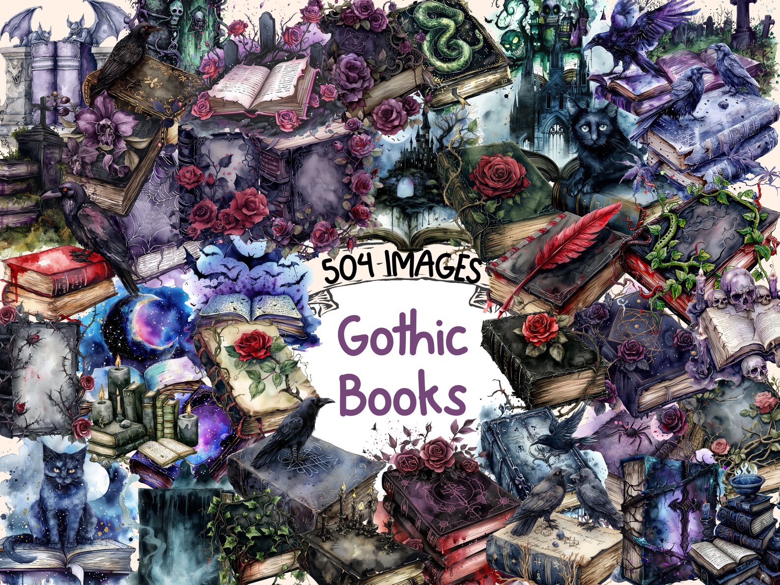 Gothic Books Watercolor Clipart Bundle 504 PNG Mysterious Tome Images ...