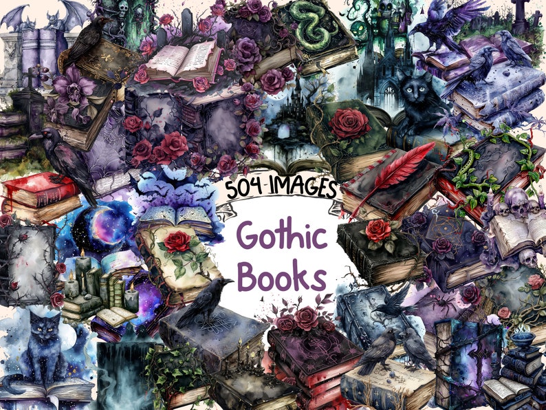 Gothic Books Watercolor Clipart Bundle: 504 Dark Tome PNG Images ...