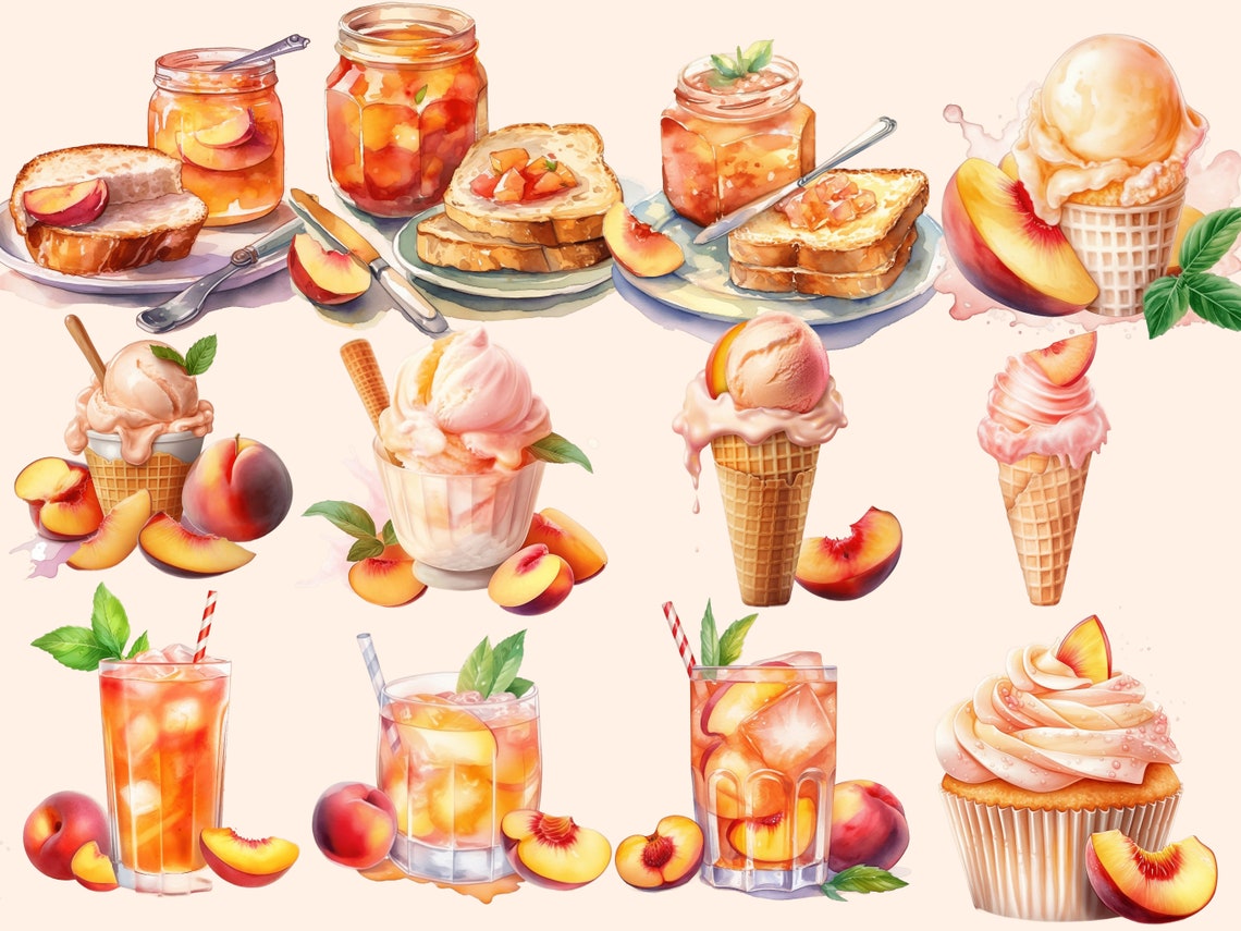 Watercolor Peach Clipart Bundle: Summer Fruit PNG Images (commercial ...