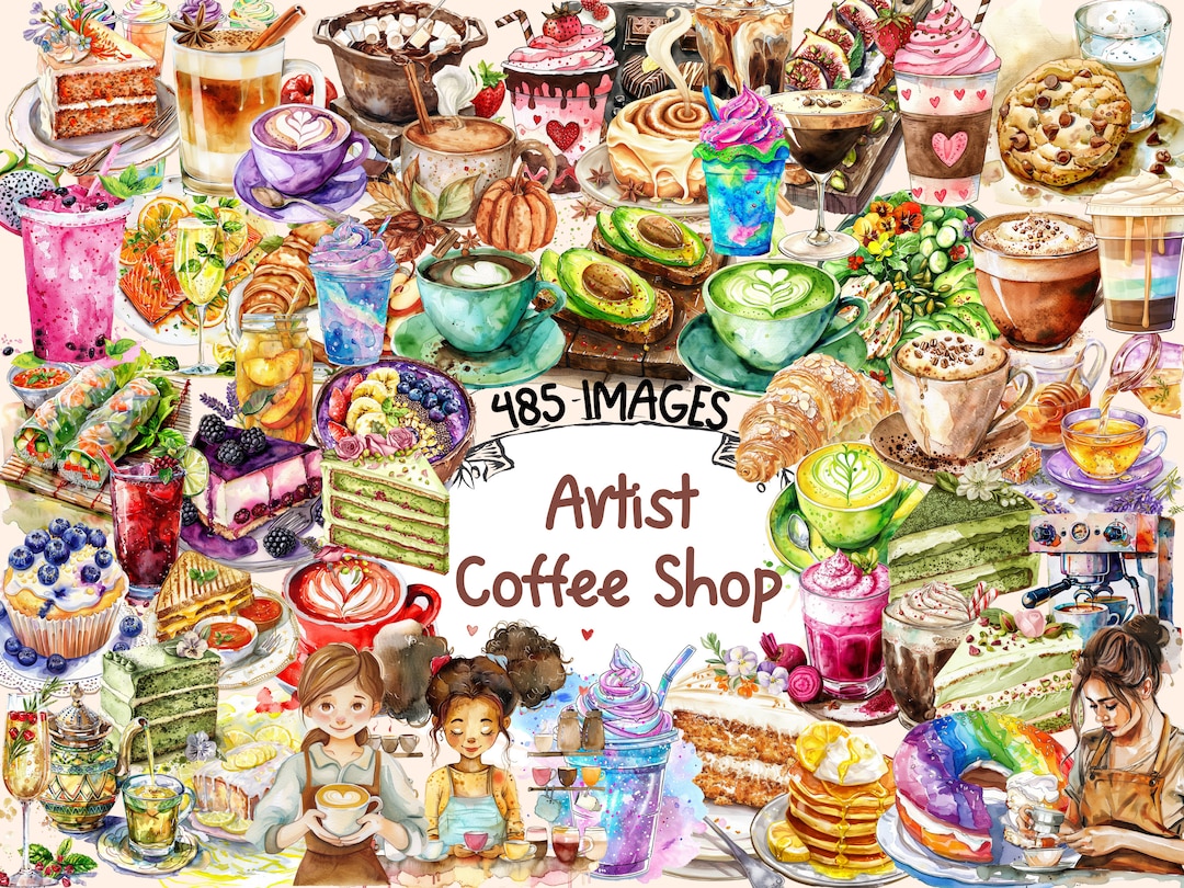 Watercolor Coffee Shop Clipart Bundle: 485 PNG Cafe Graphics (digital ...