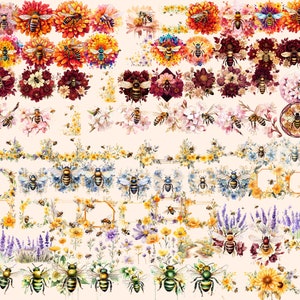 Floral Honeybees Watercolor Clipart Bundle - 388 PNG Flower Bee Images ...