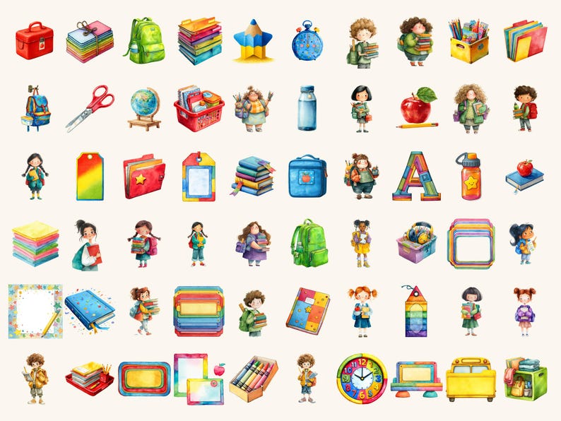 Back to School Watercolor Clipart | 743 PNG Graphics | 4096px | 300 DPI ...