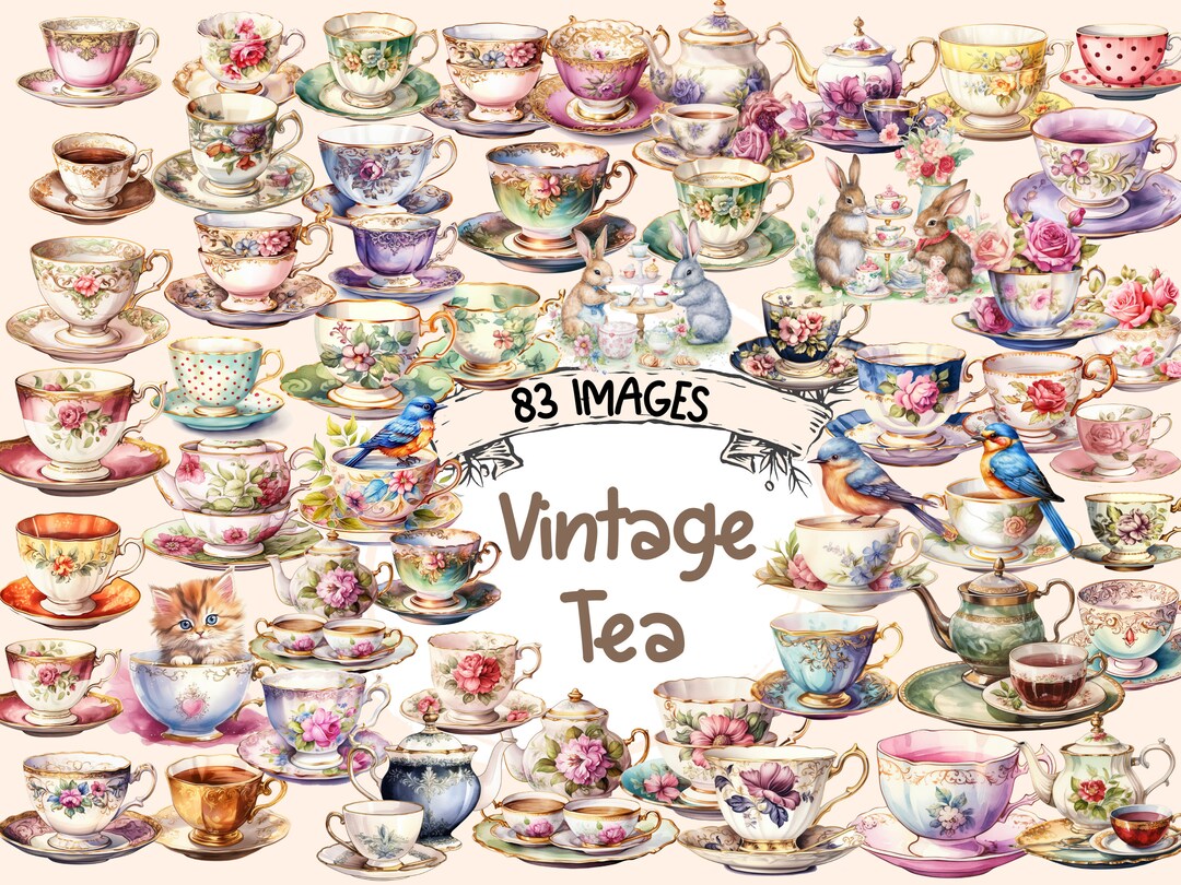 Vintage Tea Watercolor Clipart Bundle - 83 PNG Antique Teacup Images ...