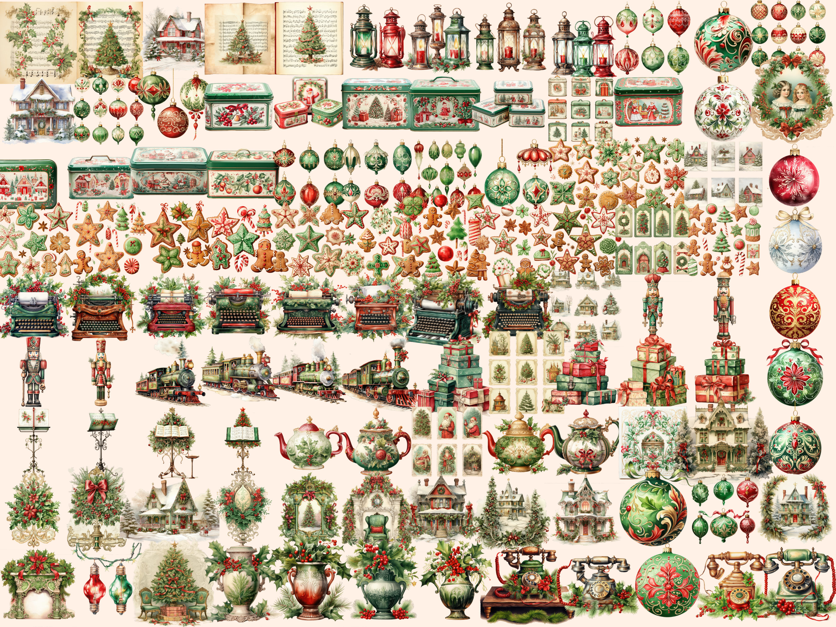 Christmas Antiques Watercolor Clipart Bundle: 518 Vintage Holiday ...