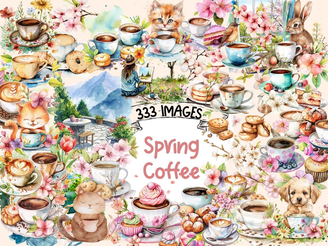 Spring Coffee Watercolor Clipart Bundle - 333 PNG Coffee Cup Images ...