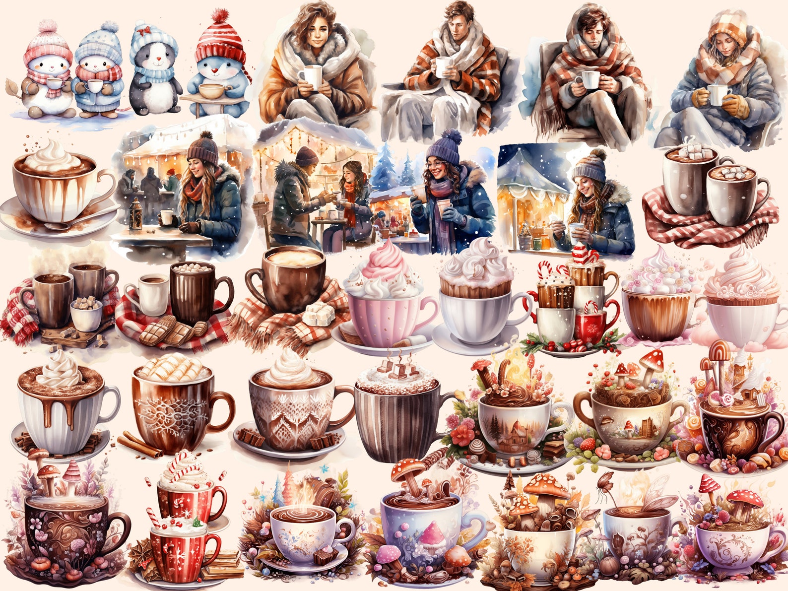 Hot Chocolate Watercolor Clipart Bundle: 384 PNG Cozy Drink Graphics ...