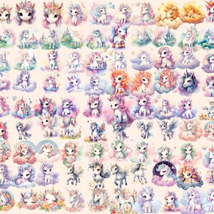 Baby Unicorns Watercolor Clipart Bundle - 585 PNG Cute Little Unicorn ...