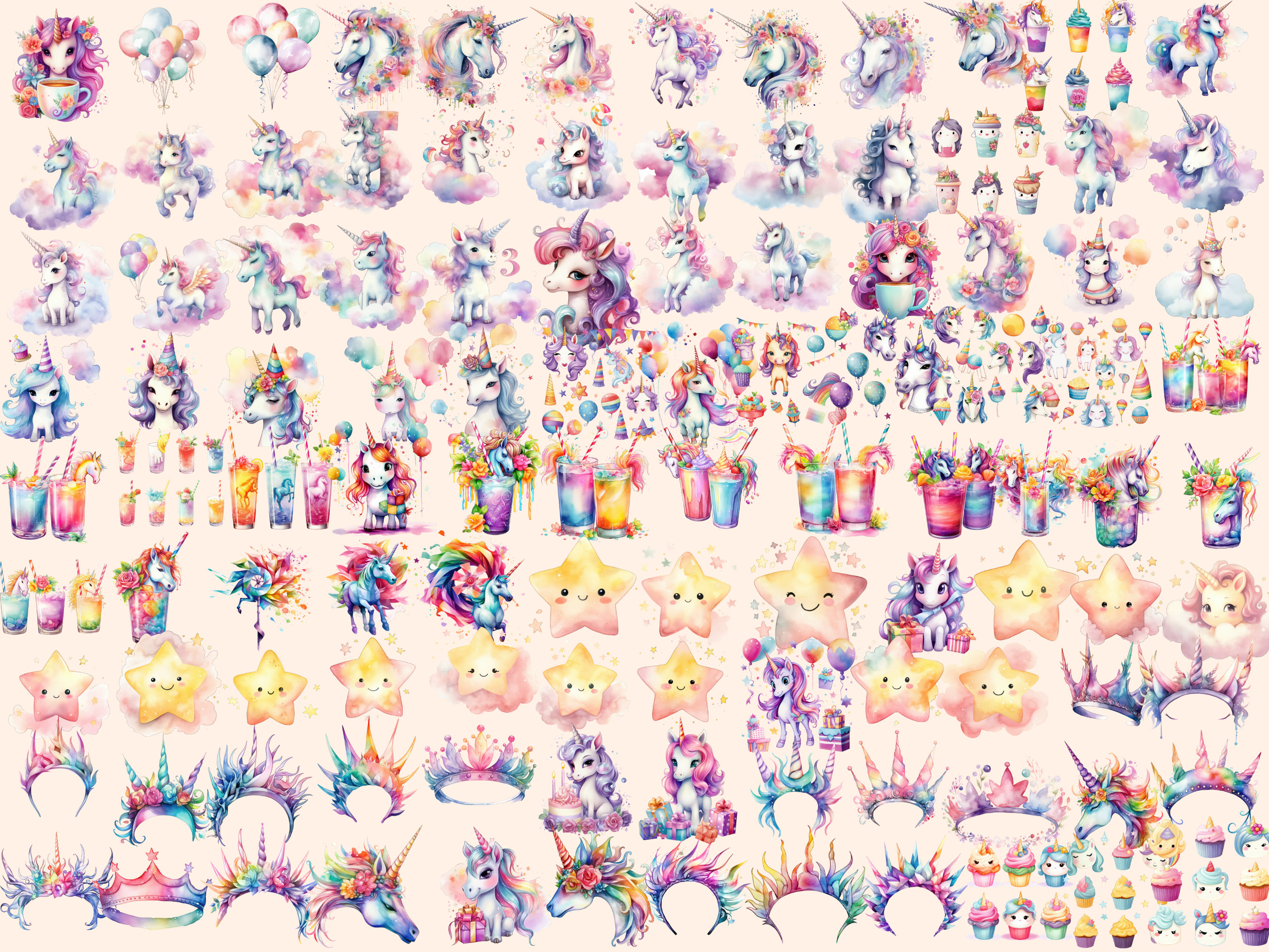 Unicorn Party Watercolor Clipart Bundle: 795 PNG Images (digital ...