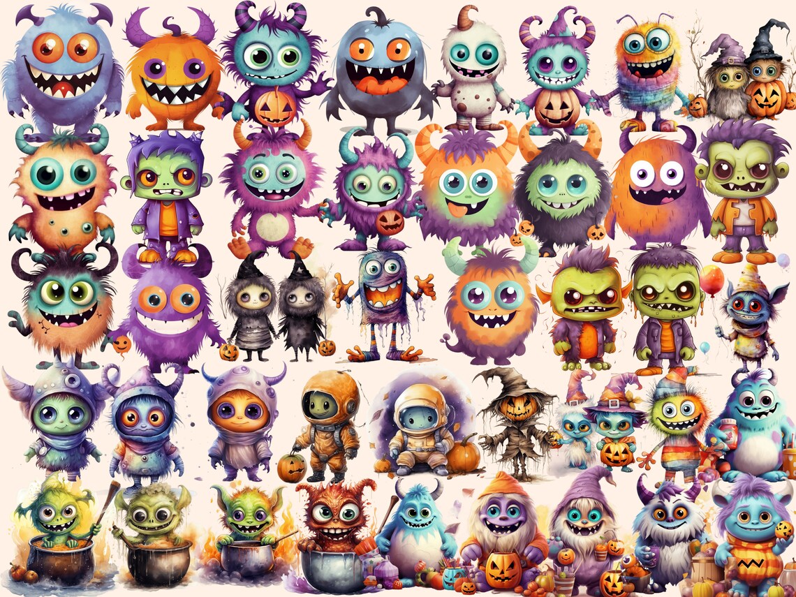 Watercolor Halloween Monster Clipart Bundle: 343 PNG Spooky Images ...