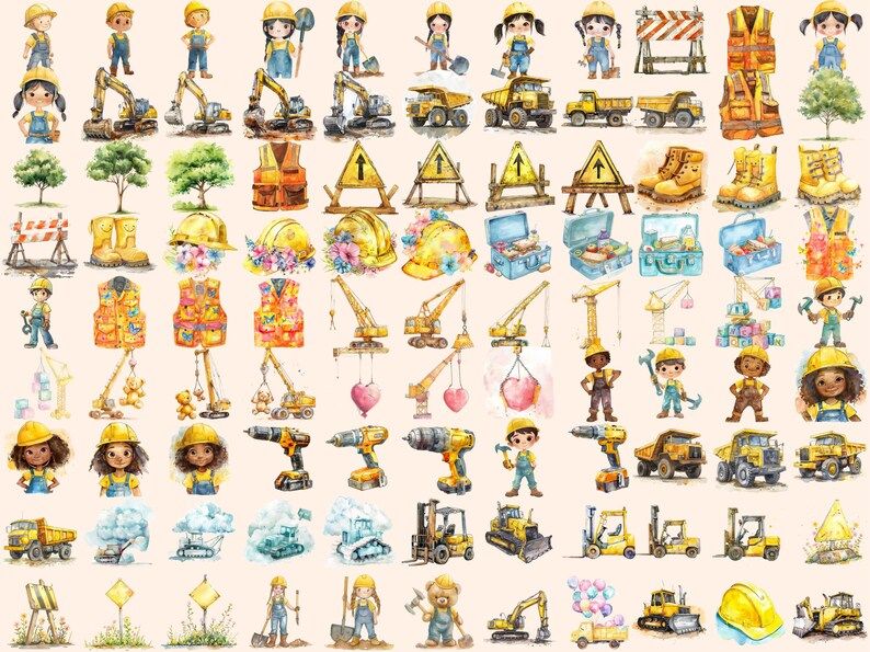 Watercolor Construction Clipart Bundle: 291 PNG Images (digital ...