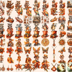 Orange Steampunk Watercolor Clipart Bundle 504 PNG Amber Steampunks ...