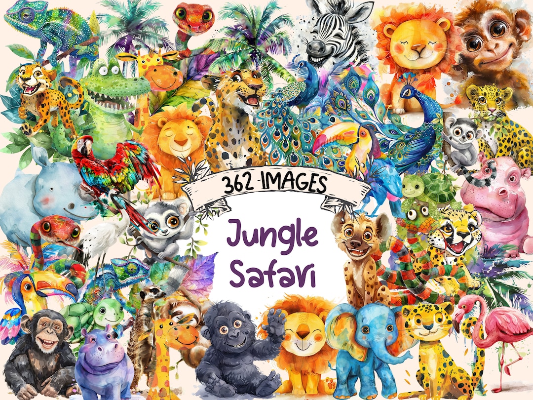 Jungle Safari Watercolor Clipart Bundle - 362 PNG Wild Animal Images ...