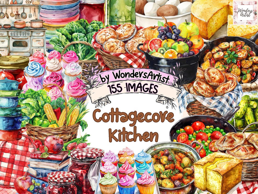 Cottagecore Kitchen Watercolor Clipart Bundle 155 PNG Rustic Images ...