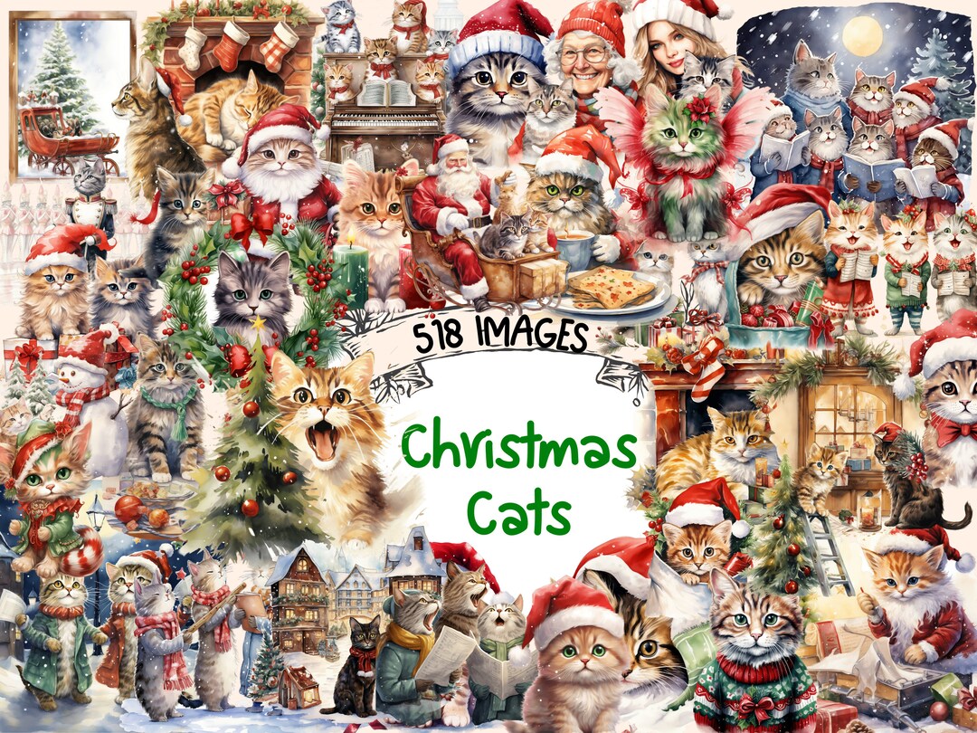 Christmas Cats Watercolor Clipart Bundle 518 PNG Festive Cozy Cat ...