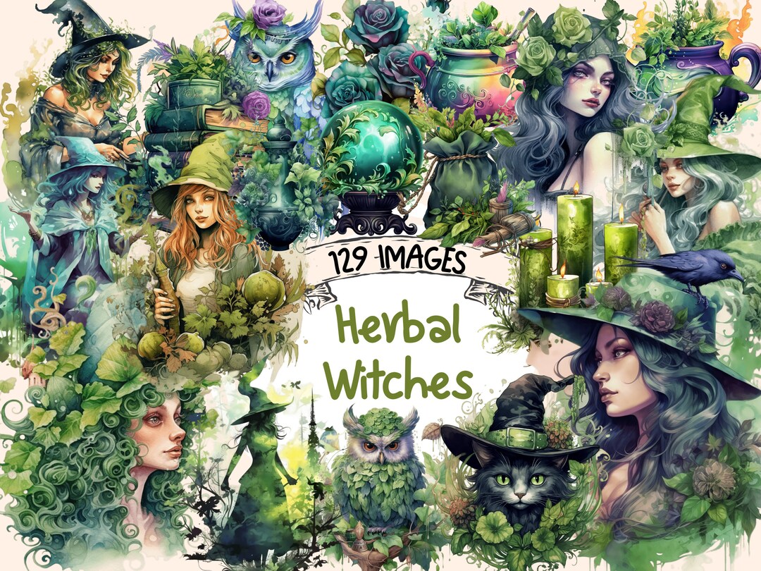 Watercolor Herbal Witches Clipart Bundle: 129 Fantasy PNG Images ...