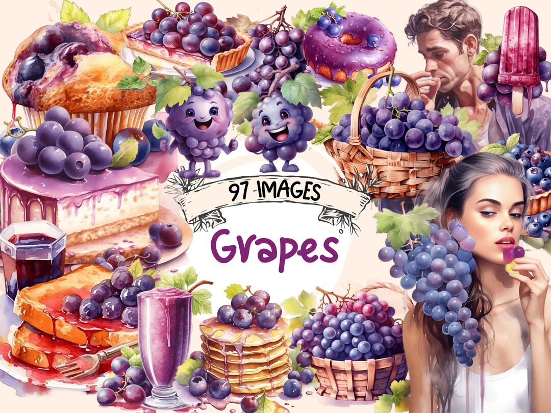 Grapes Watercolor Clipart Bundle - 97 PNG Images of Refreshing Summer ...
