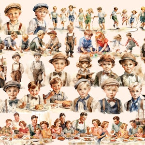 Retro Vintage Kids Watercolor Clipart Bundle - 264 PNG Nostalgic ...